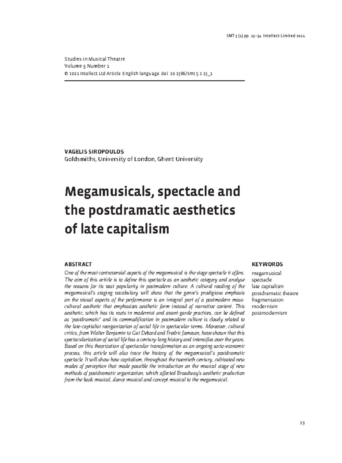 Megamusicals, spectacle and the postdramatic aesthetics of late ...
