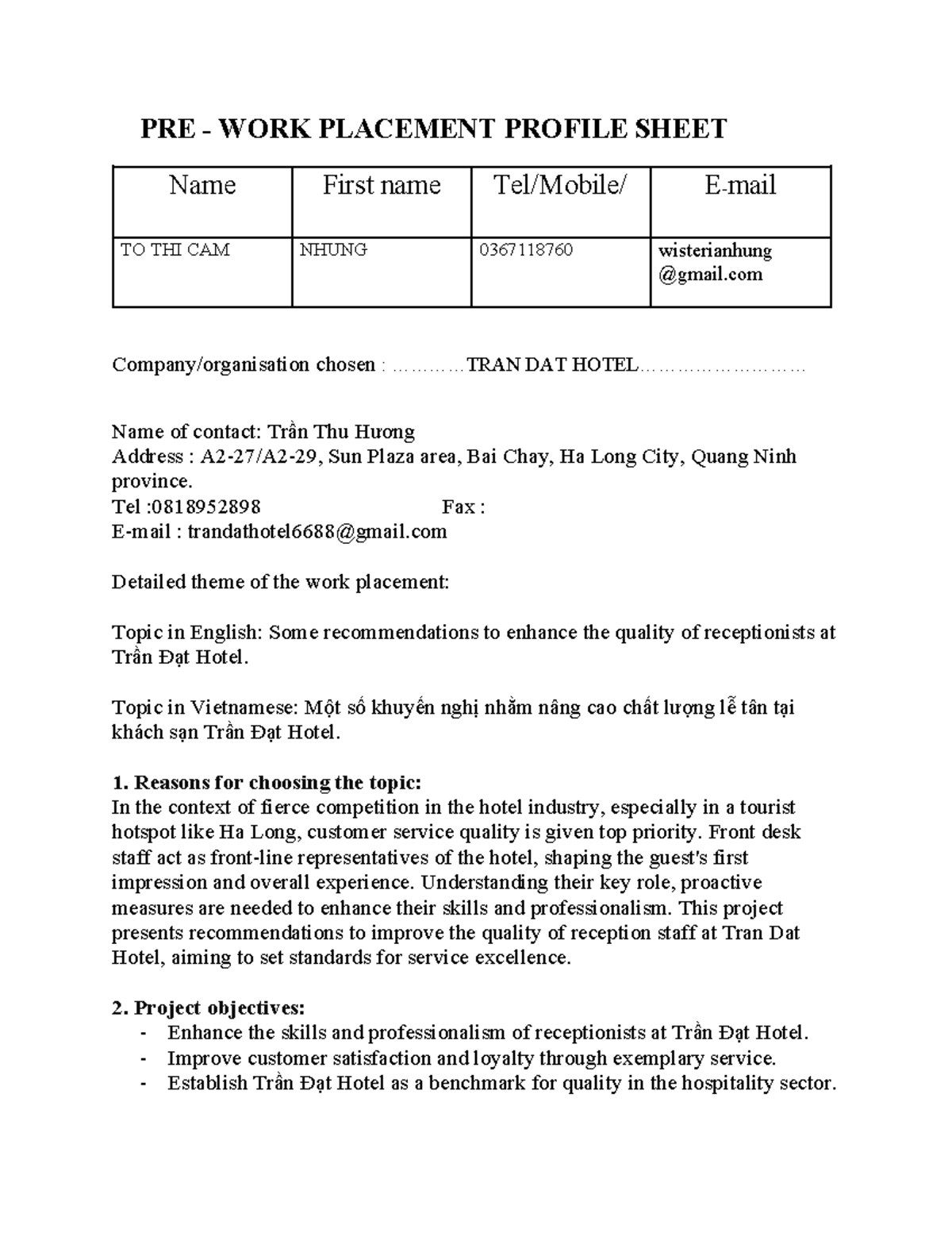 Profile Sheet - book - PRE - WORK PLACEMENT PROFILE SHEET Name First ...