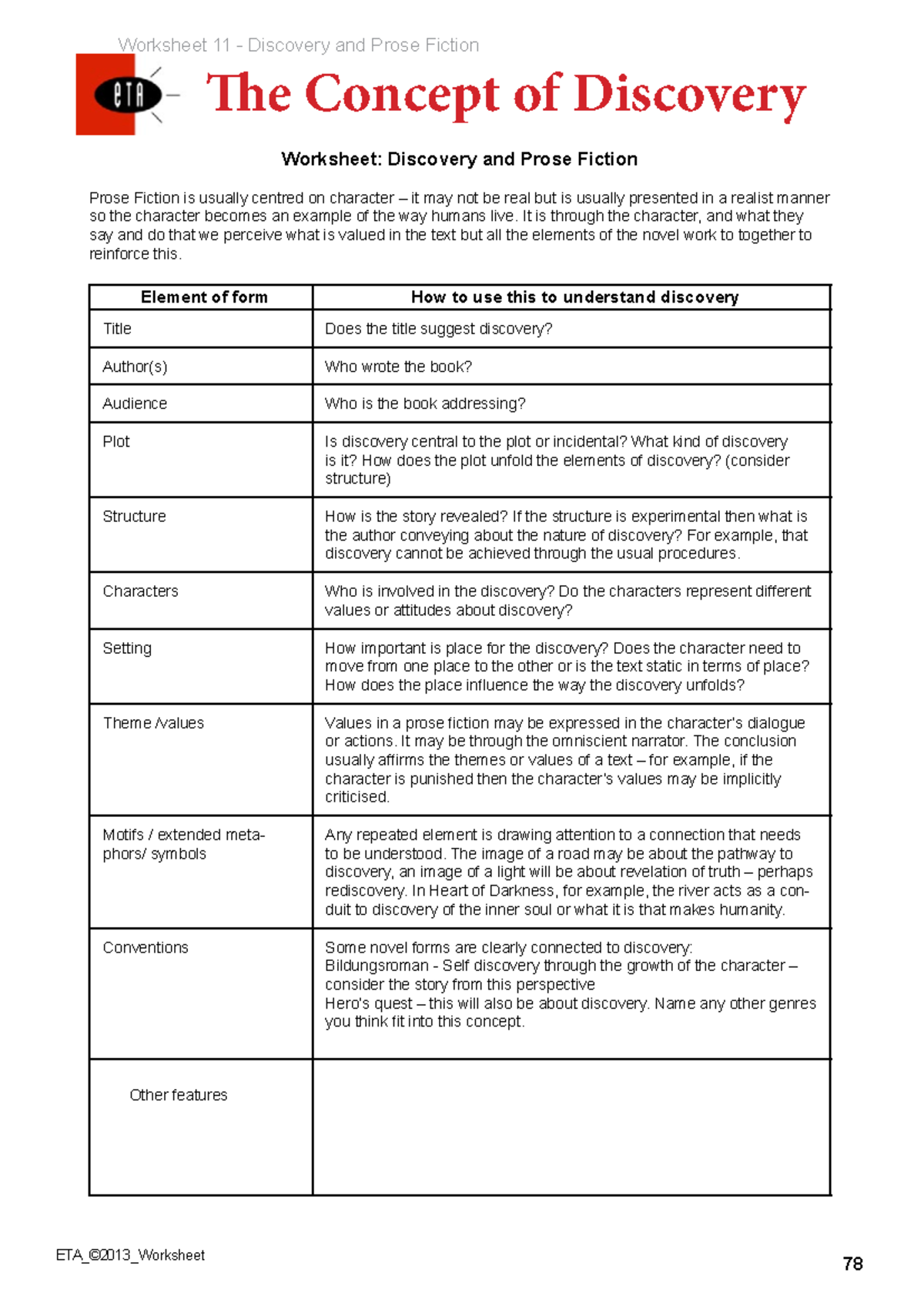 Concept of Discovery in Prose Fiction - !e Concept of Discovery ETA_©2013_Worksheet 78 Worksheet ...