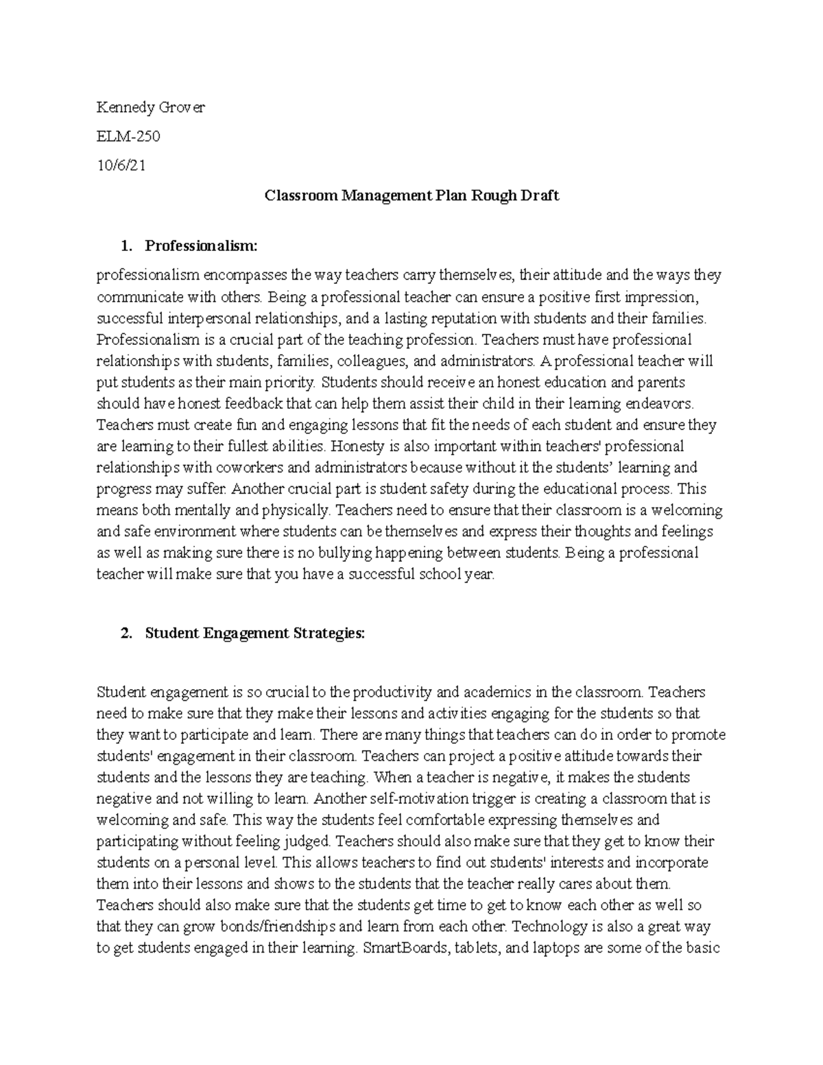 Classroom Management Plan Rough Draft Kennedy Grover ELM 10 6