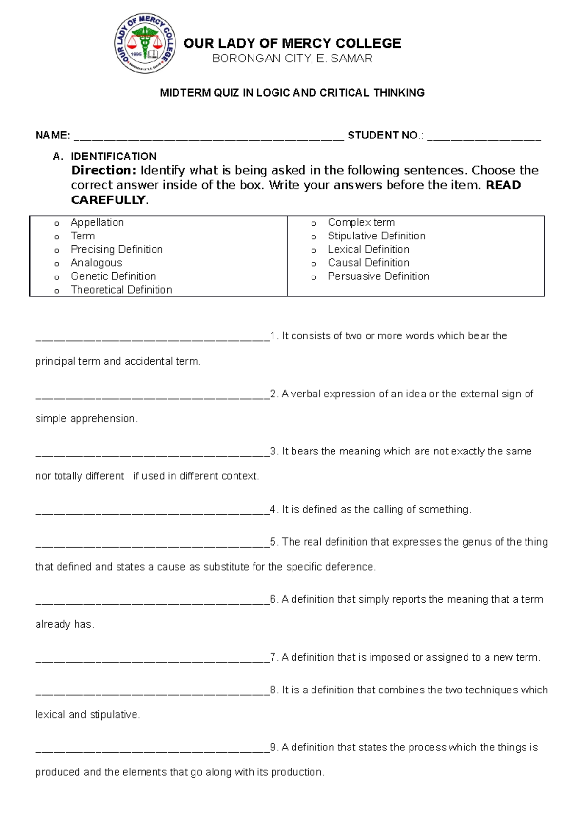 Logic Midterm Quiz Lecture Notes Our Lady Of Mercy College Borongan City E Samar Midterm 