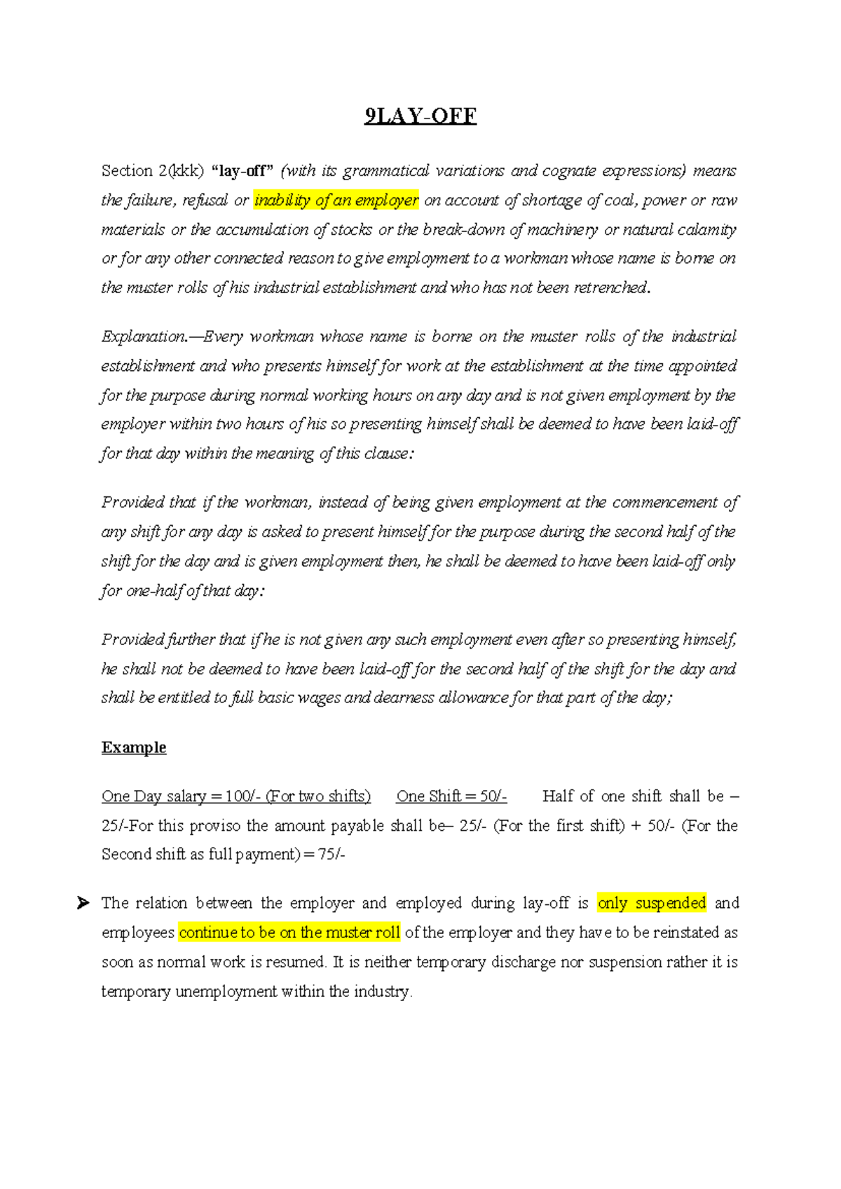 1. Lay-Off_Labour Law - 9LAY-OFF Section 2(kkk) “lay-off” (with its ...
