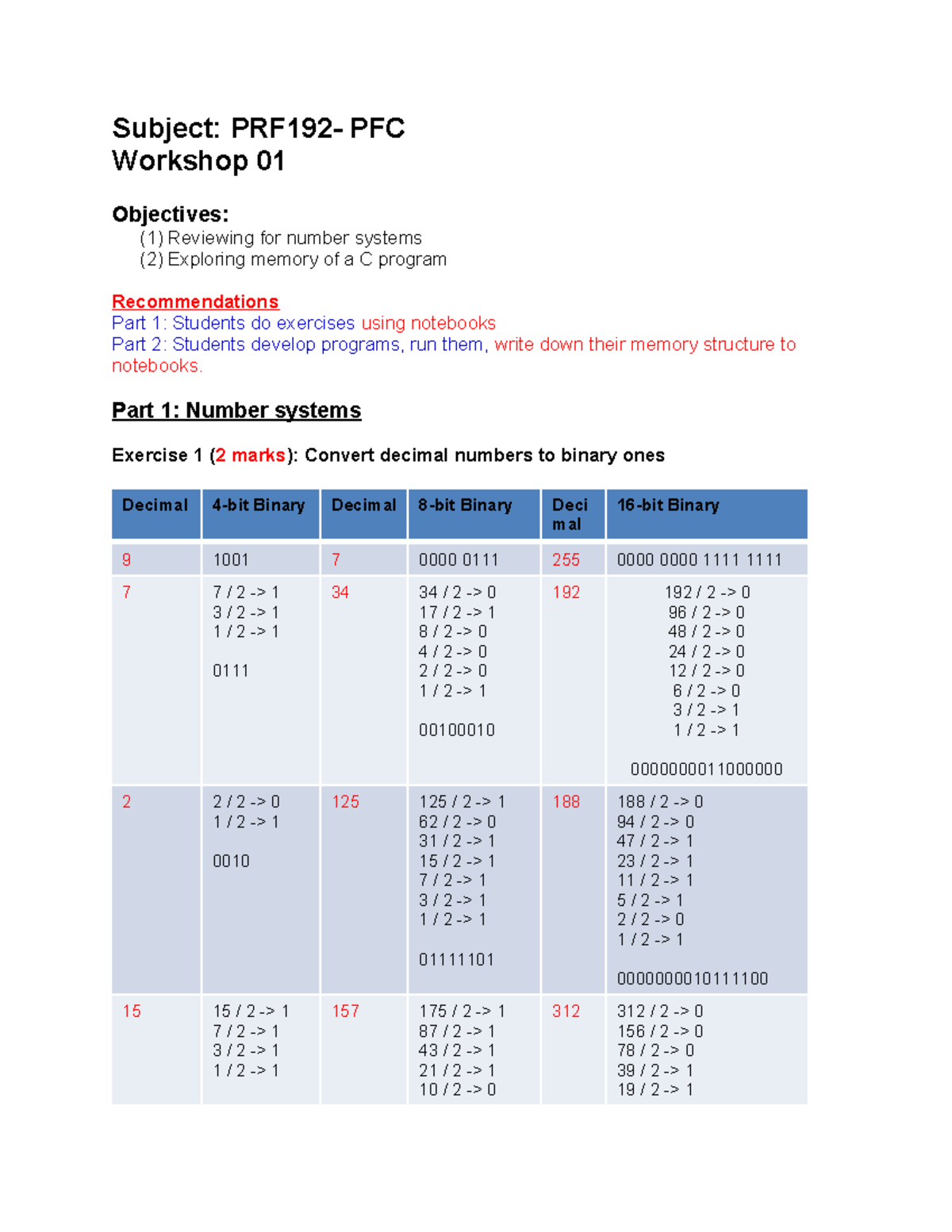 Workshop 01 123456789 Subject Prf192 Pfc Objectives 1 Reviewing For Number Systems 2