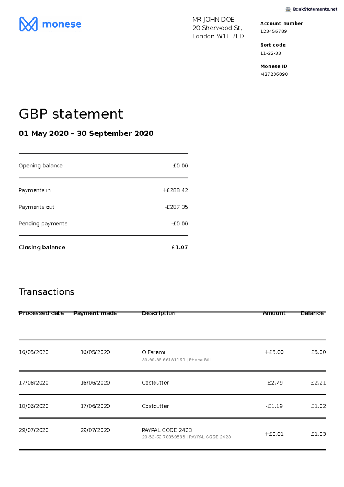 Monese Bank Statement Bank Statements - Marketing số - Studocu