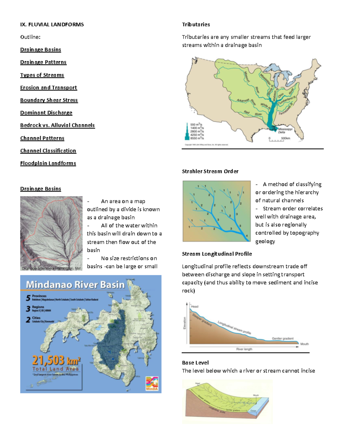 Fluvial Landforms - IX. FLUVIAL LANDFORMS Outline: Drainage Basins ...