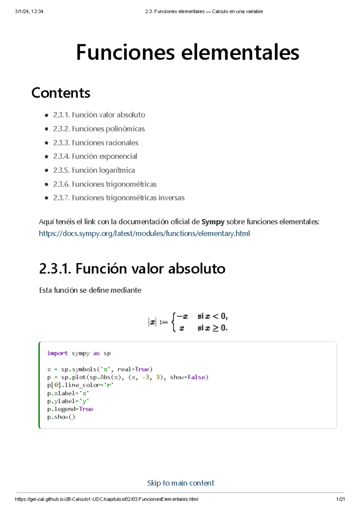 2.3. Funciones elementales — Calculo en una variable - Funciones elementales Contents 2.3 ...