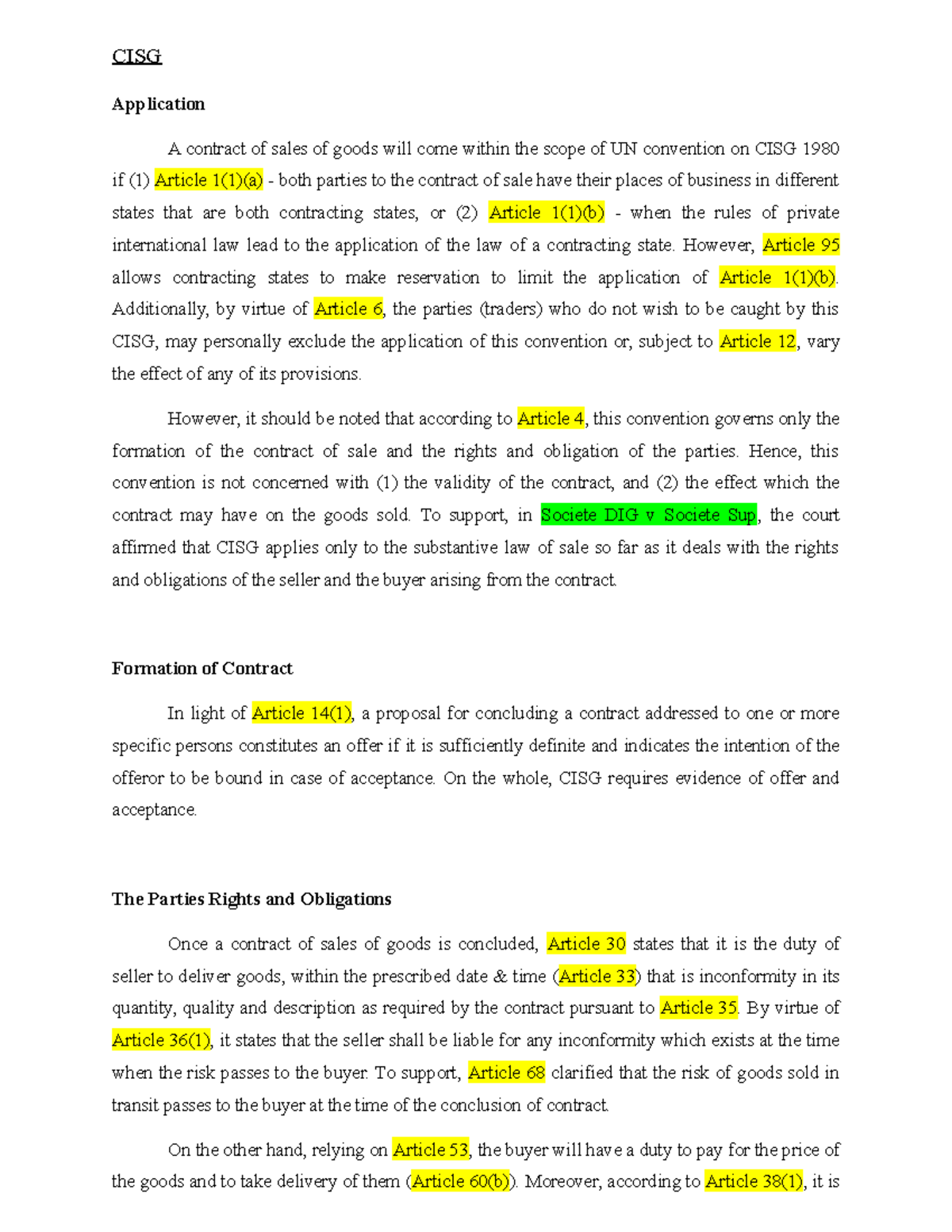 CISG Lecture Notes - CISG Application A contract of sales of goods will ...
