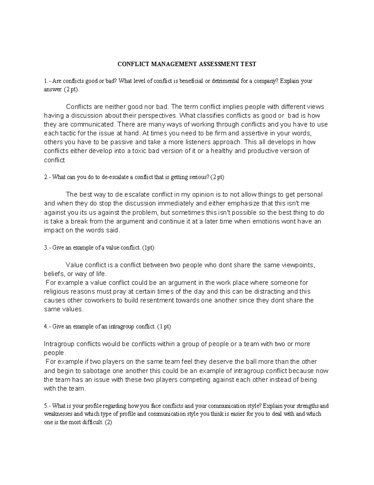 Assessment 1 - assesment 1 - CONFLICT MANAGEMENT ASSESSMENT TEST 1 ...