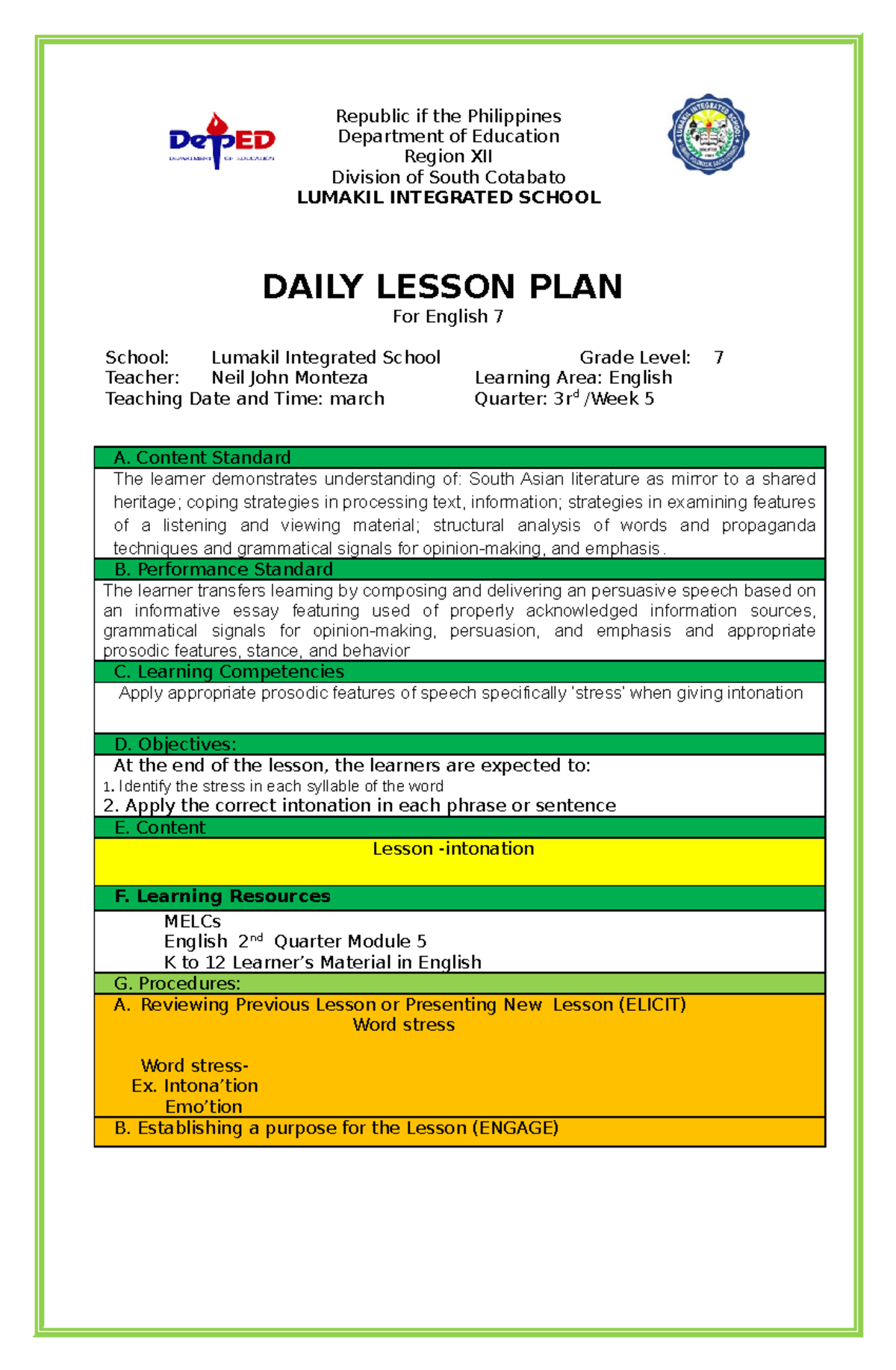 New Lesson plan 7Es - DLL - Republic if the Philippines Department of ...