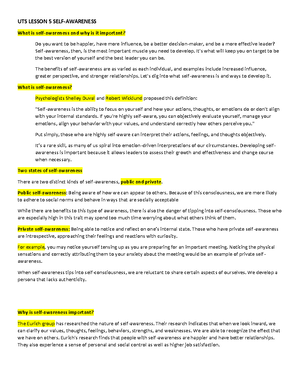 UTS Lesson 5 SELF- Concept - UTS LESSON 5 SELF-CONCEPT What Is Self-Concept? The three ...