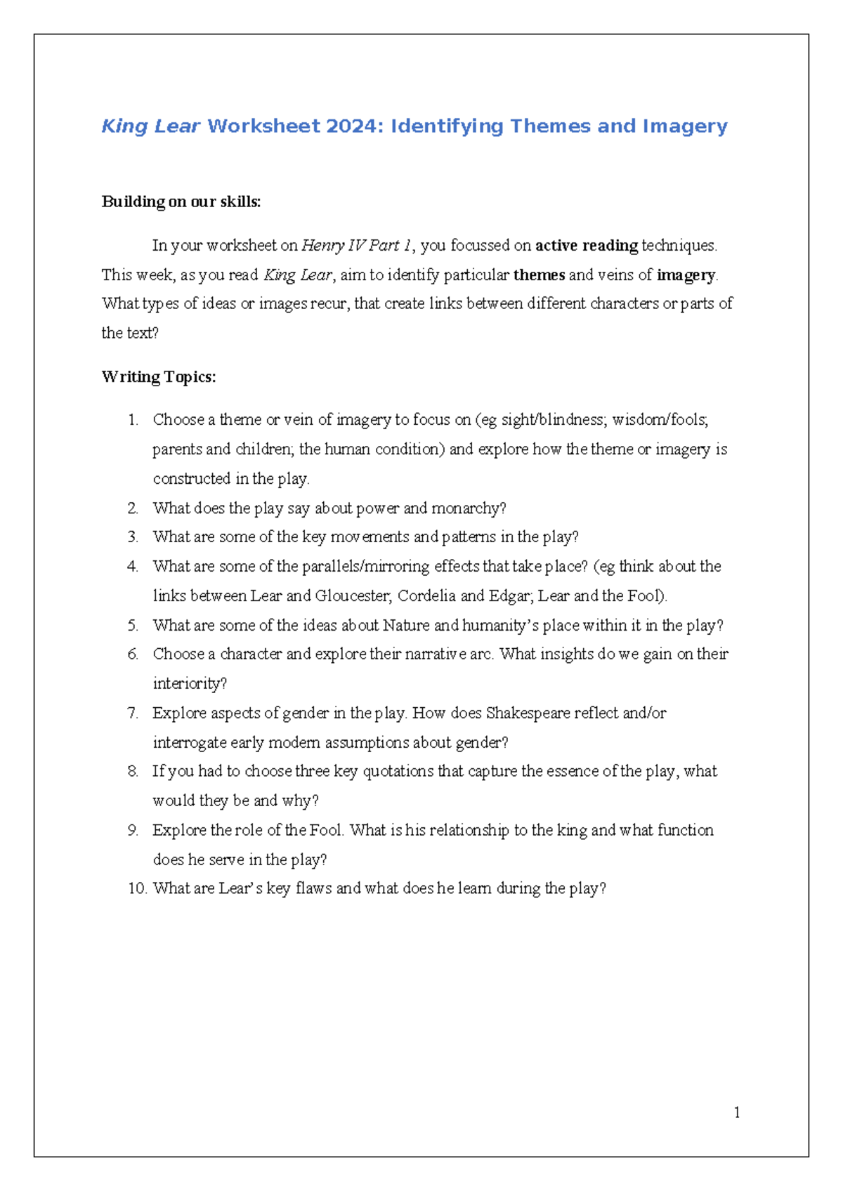 King Lear Worksheet 2024 - VB - King Lear Worksheet 2024: Identifying ...