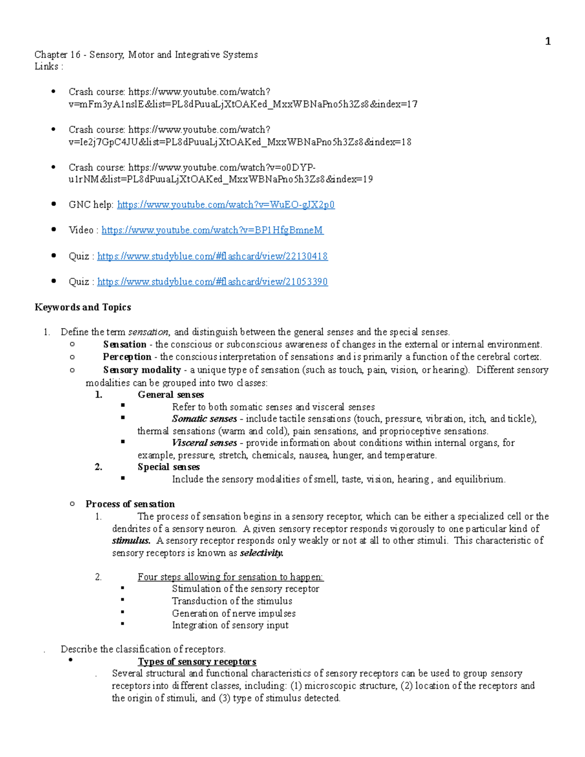 Chapter 16 for course - Chapter 16 - Sensory, Motor and Integrative ...