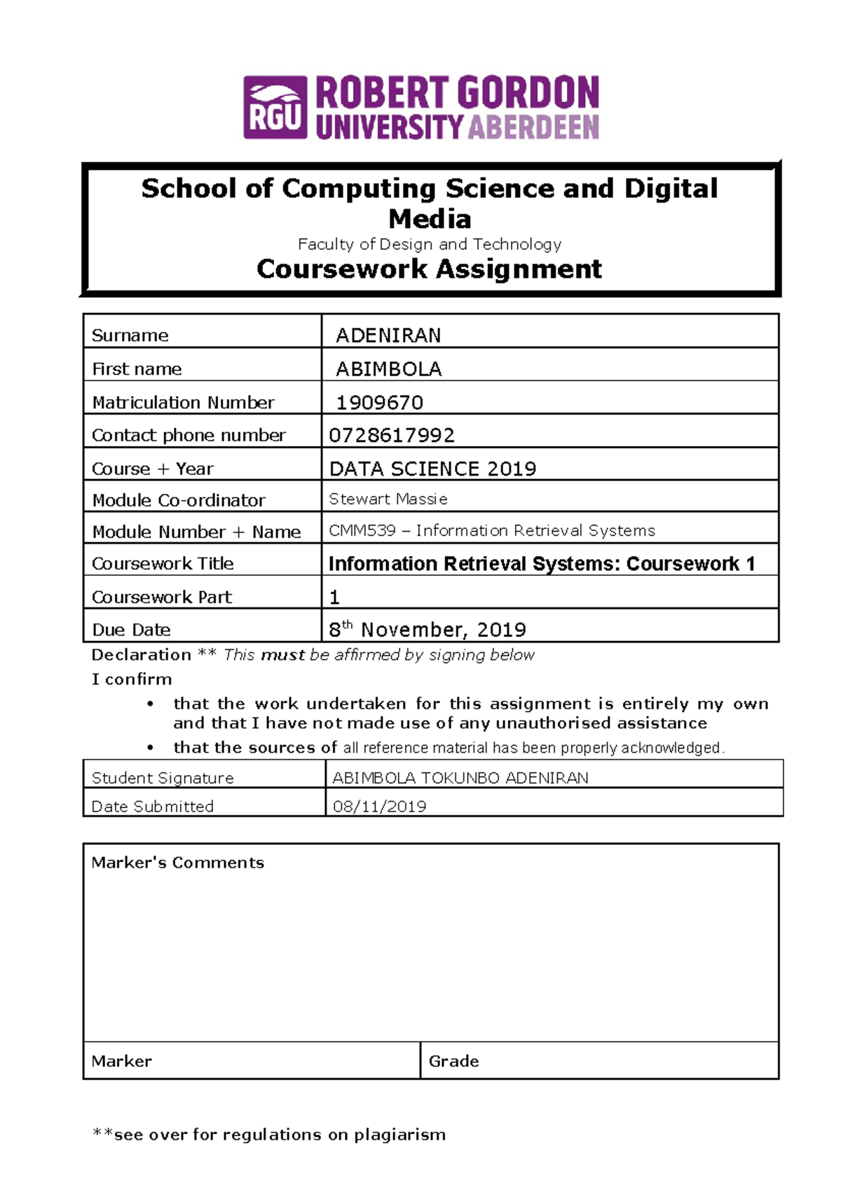 Coursework Information Retrieval Systems 2019 Final - Surname ADENIRAN ...