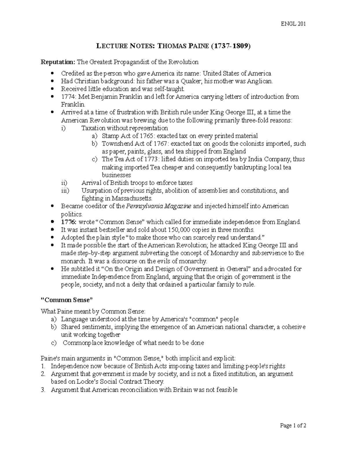 Lecture Notes Thomas Paine - ENGL 201 LECTURE NOTES: THOMAS PAINE (1737 ...