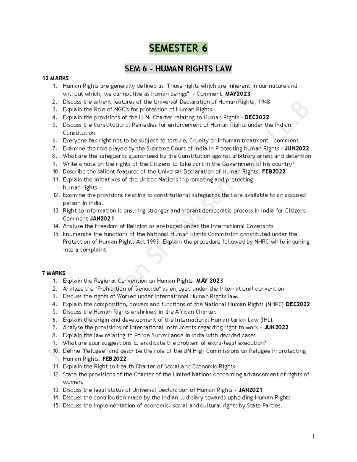 Semester 6 - Law - Kirubakaran Srinivasan B, LL SEMESTER 6 SEM 6 ...