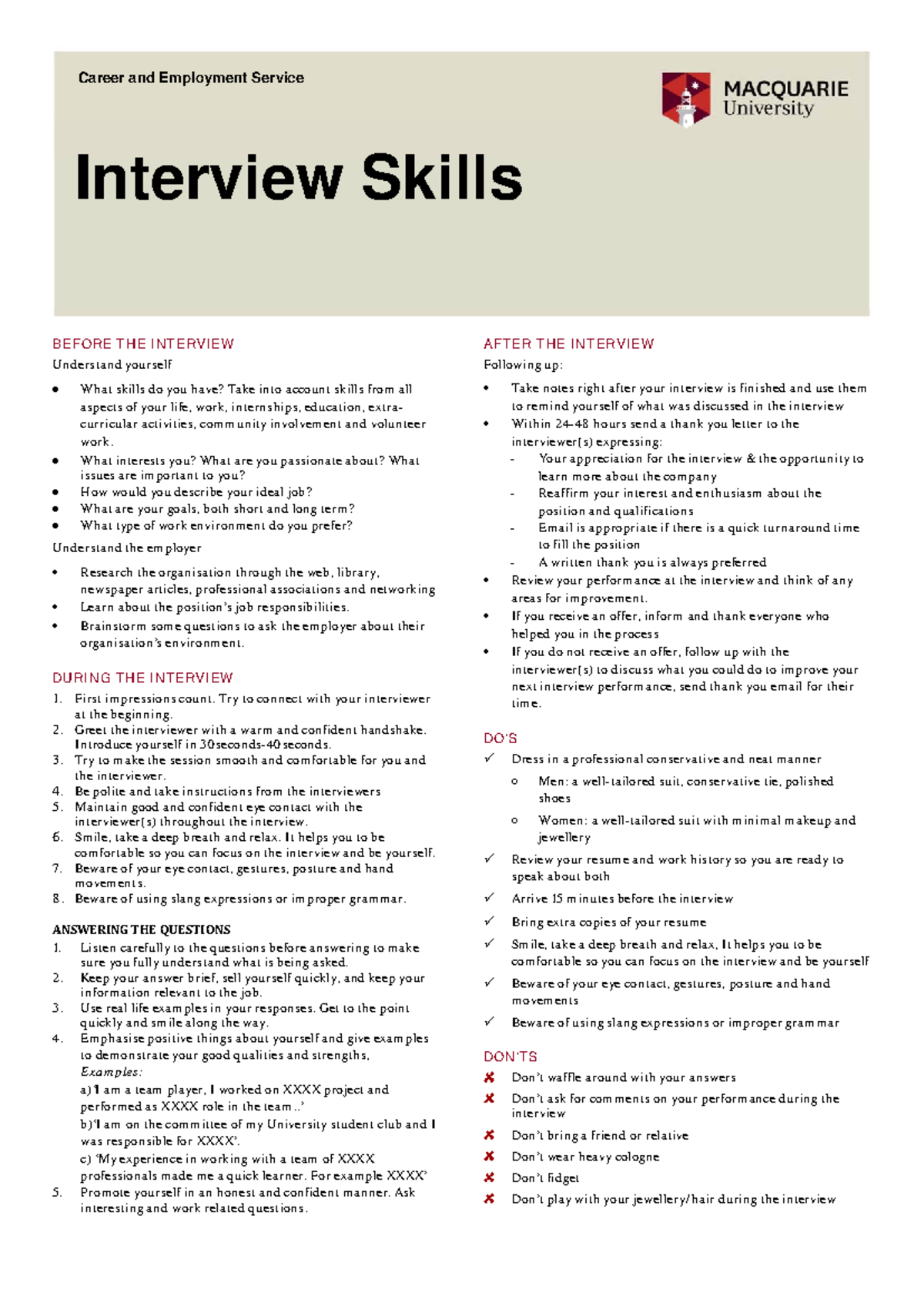 Interview Skills - Interview Skills BEFORE T H E I N T ERV I EW ...