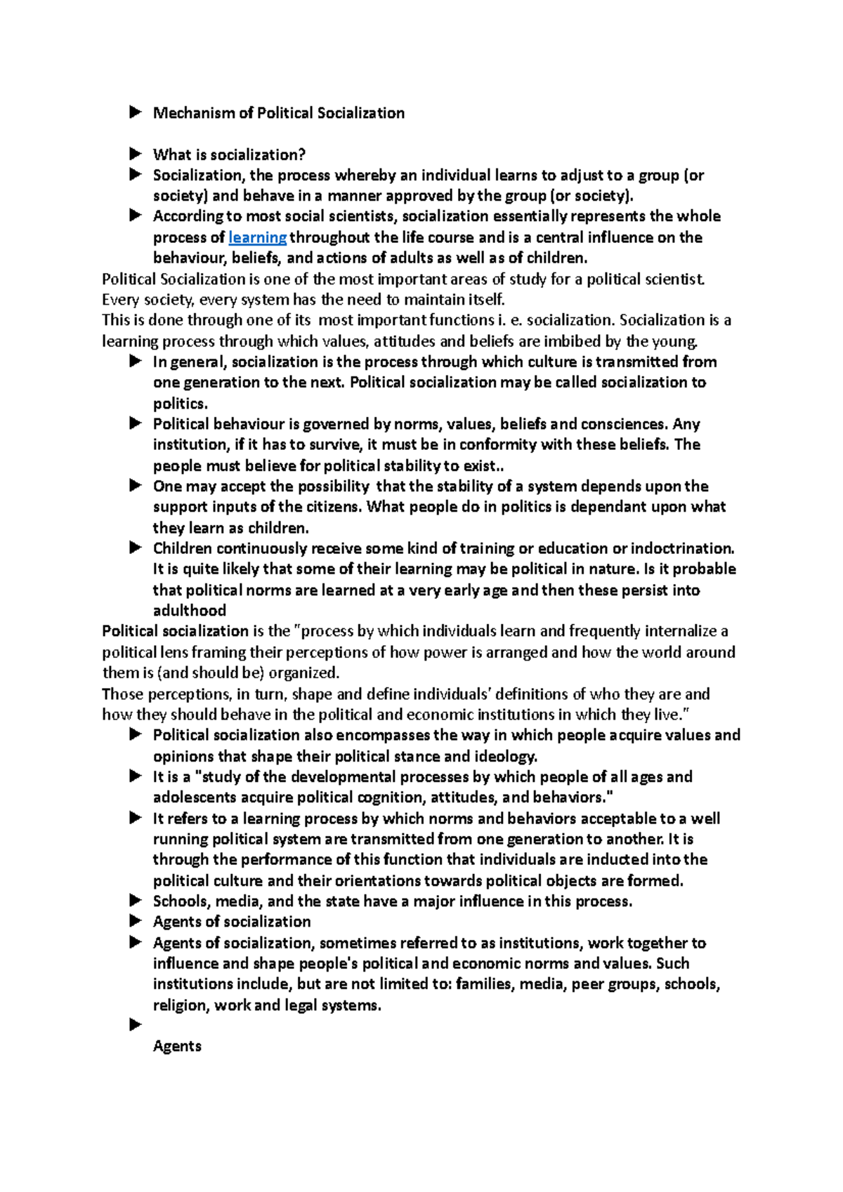 Mechanism of Political Socialization - u According to most social ...