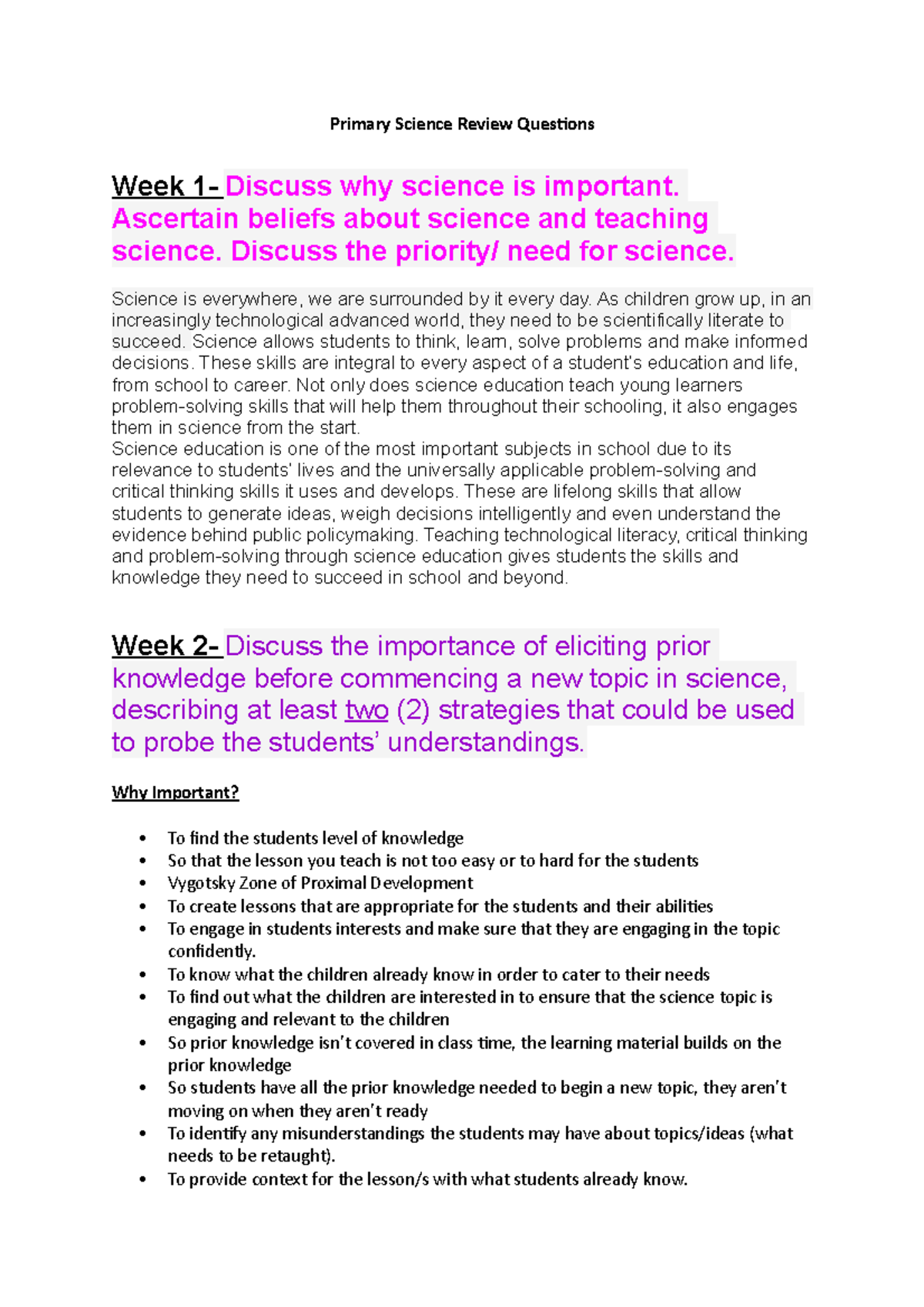 Week Review Exam Questions - Primary Science Review Questions Week 1 ...