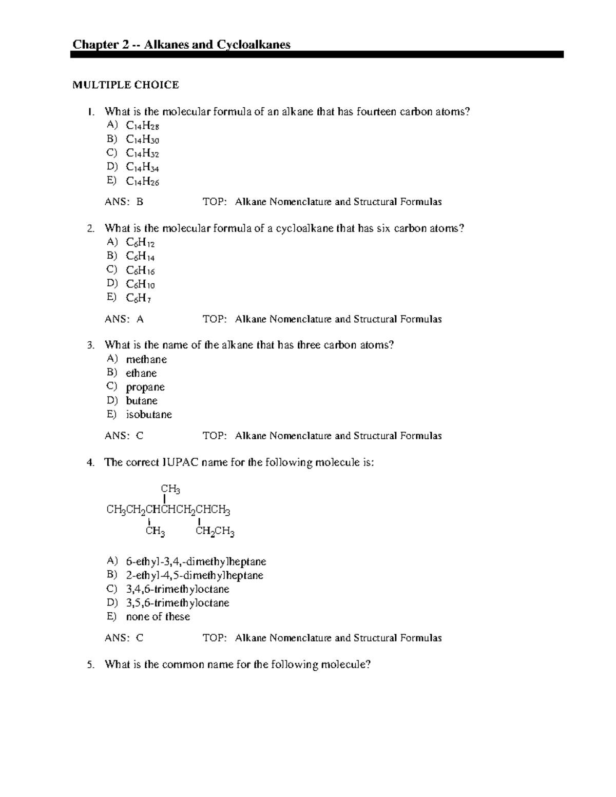 Chapter 02 - O chem practice good luck alkanes yep - Chapter 2 - Alkanes and Cycloalkanes ...