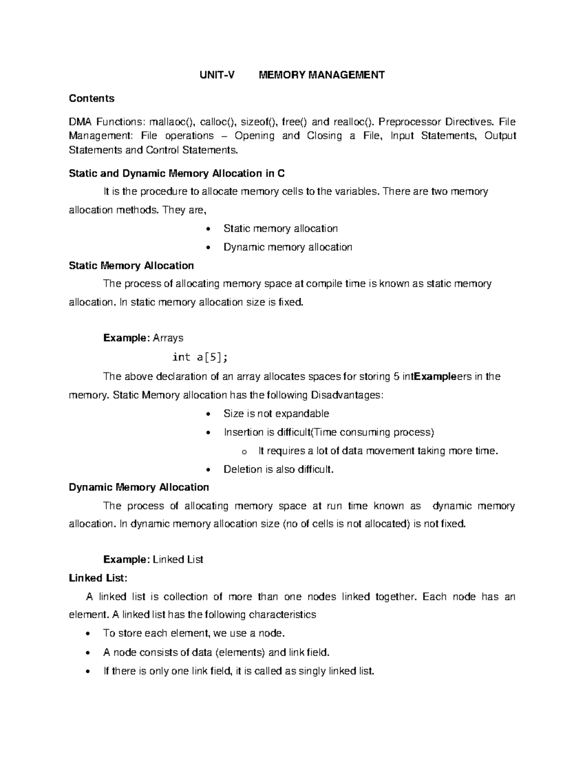 Memory Management Notes Fop Unit V Memory Management Contents Dma Functions Mallaoc Calloc