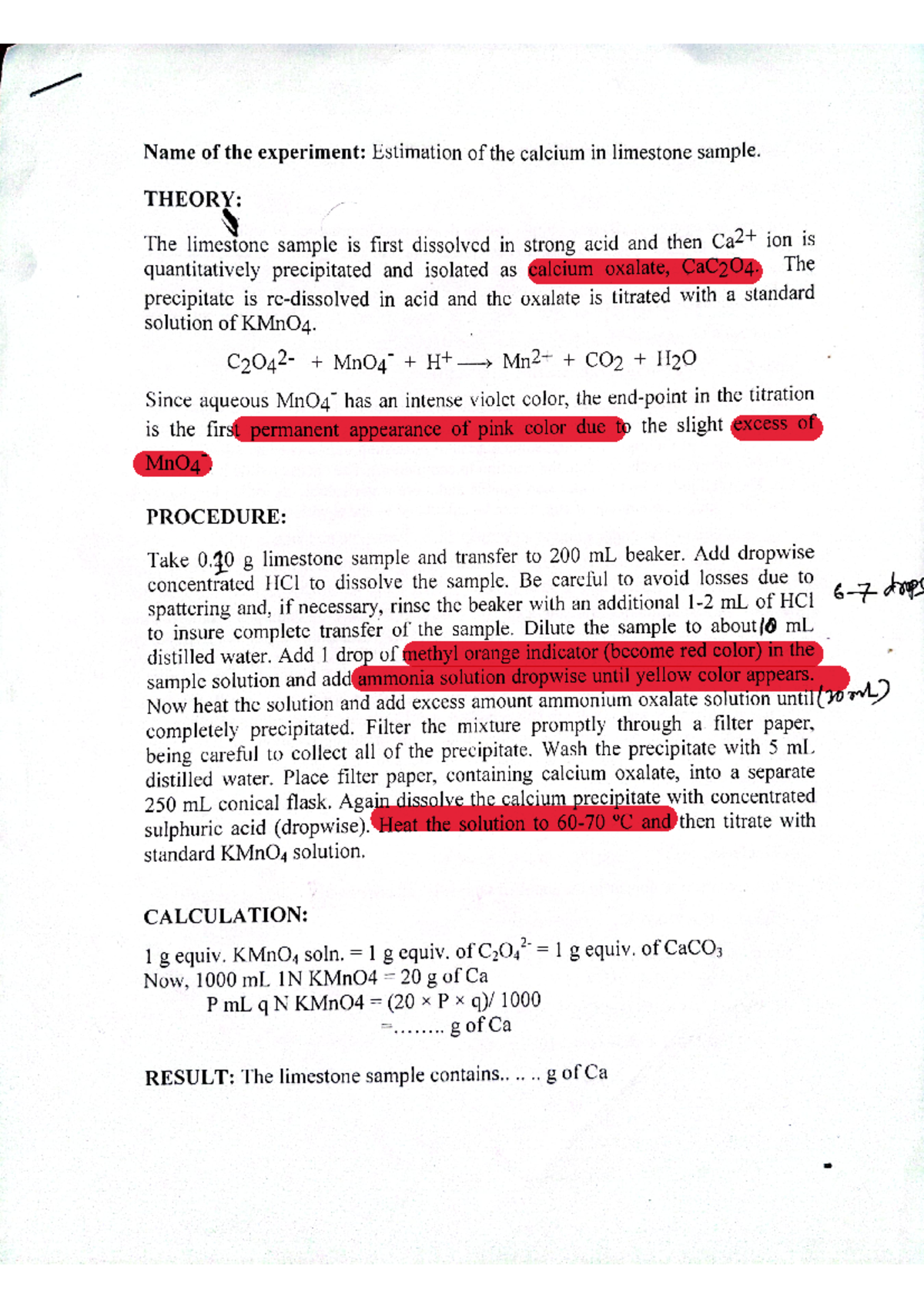 Chemistry LAB Manual final - Name of the experiment: Estimation of the ...