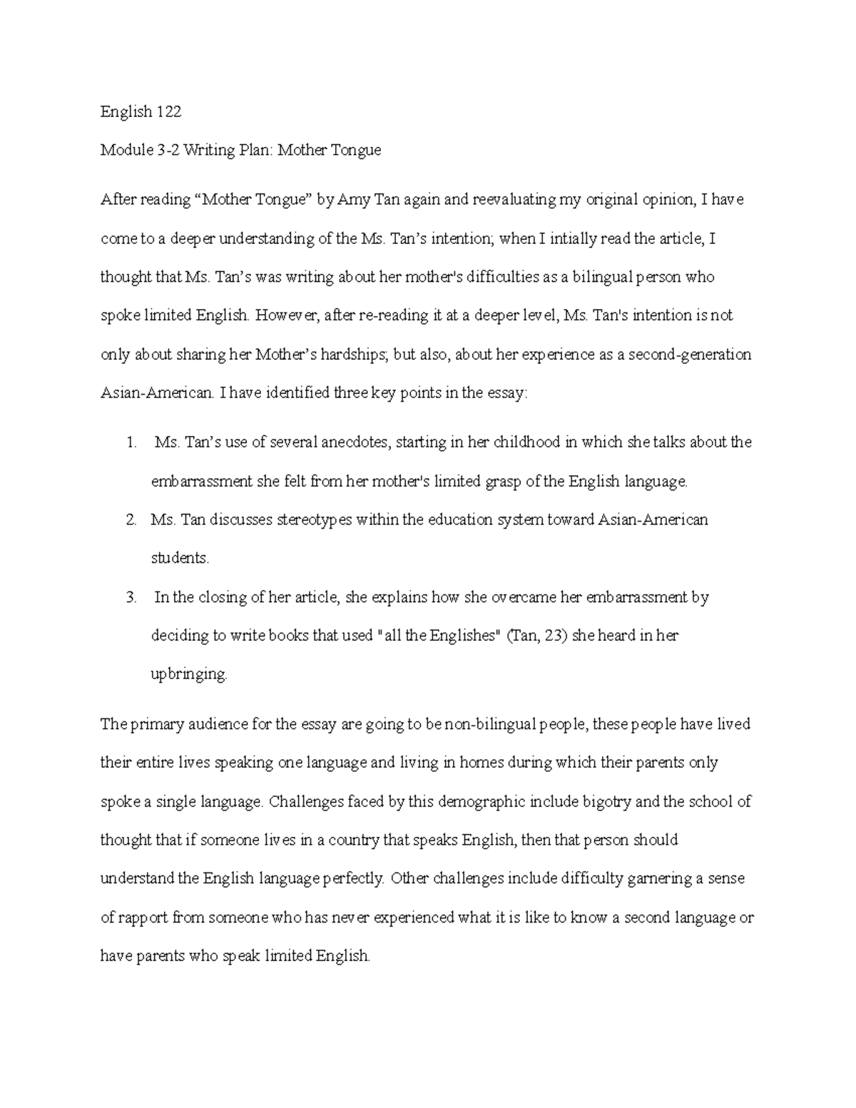 English 122 Module 3-2 - 3-2 Assignment: Writing Plan - English 122 ...