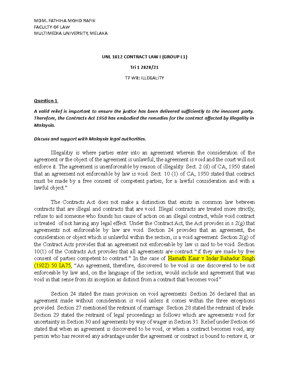 Tutorial 8 Week 9 - MDM. FATHIHA MOHD RAFIK FACULTY OF LAW MULTIMEDIA UNIVERSITY, MELAKA UNL ...
