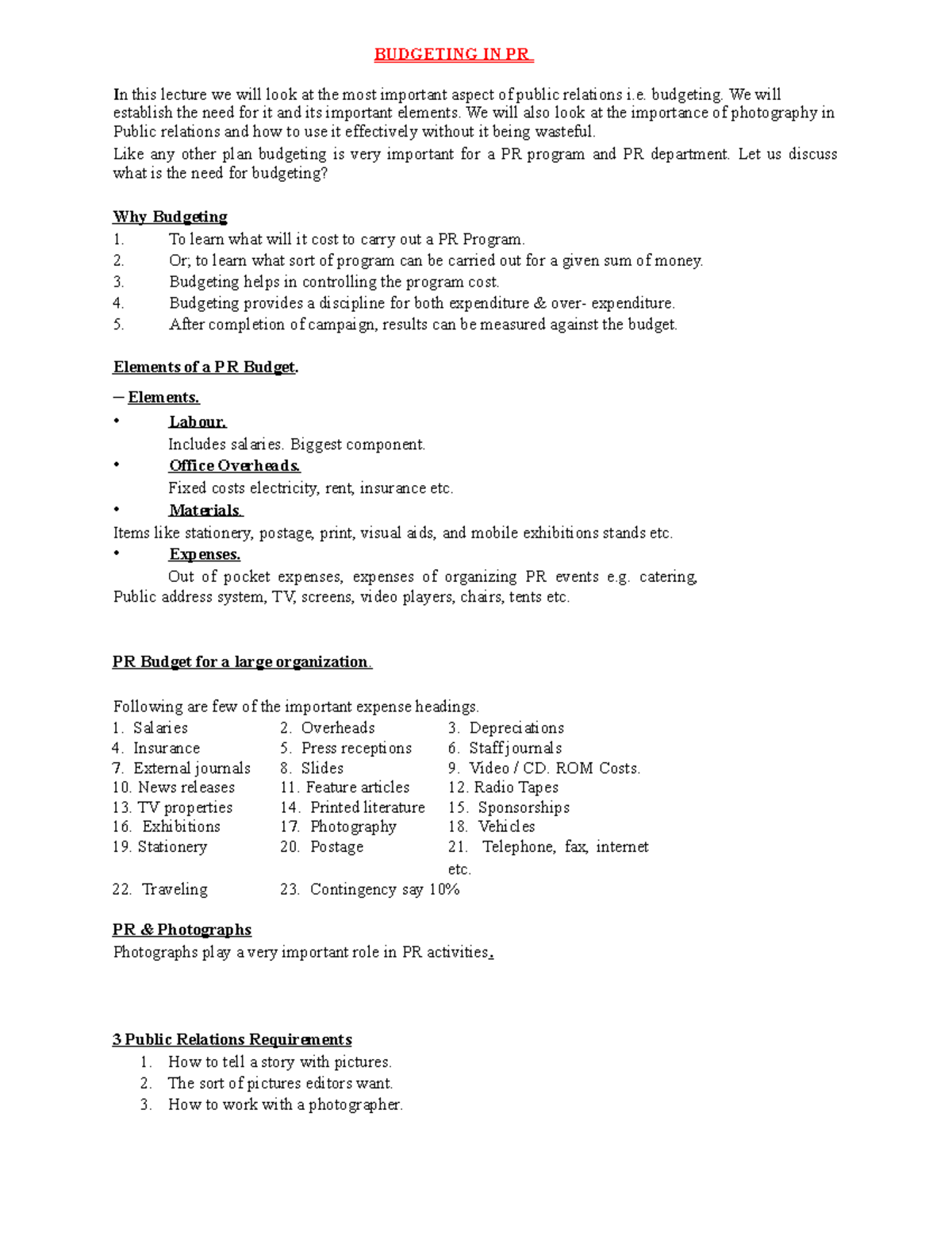 Ch04 Budgeting in PR - /Public-Relations - BUDGETING IN PR In this lecture we will look at the ...