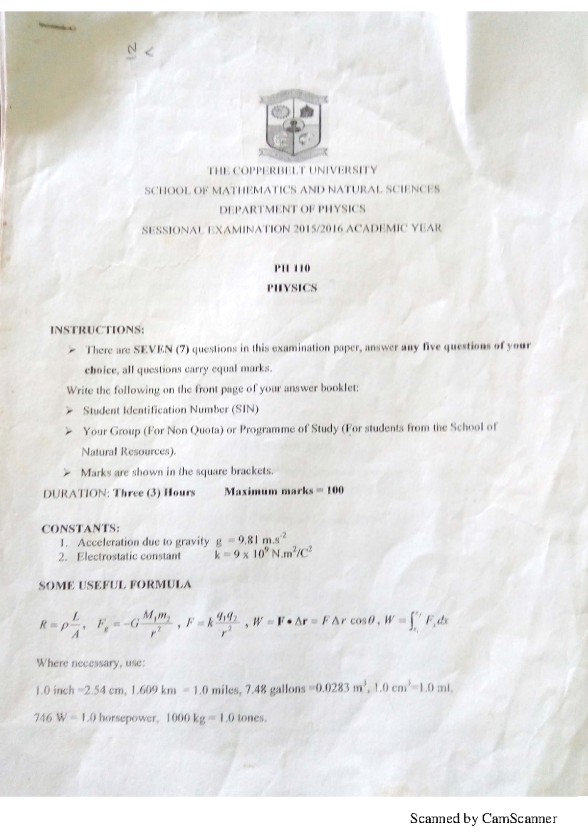 PH110 2015 .16 Sessional - intro to physics - Studocu