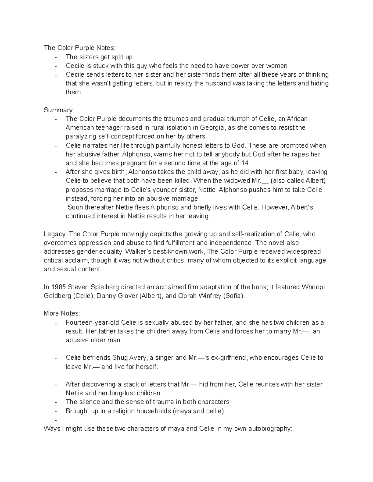 The Color Purple - Celie narrates her life through painfully honest ...