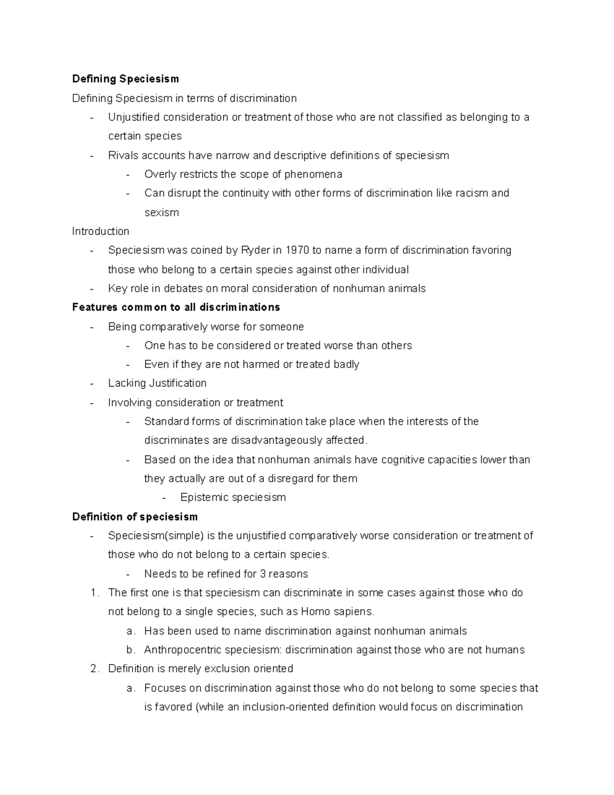Week 7 Readings - Defining Speciesism Defining Speciesism in terms of ...