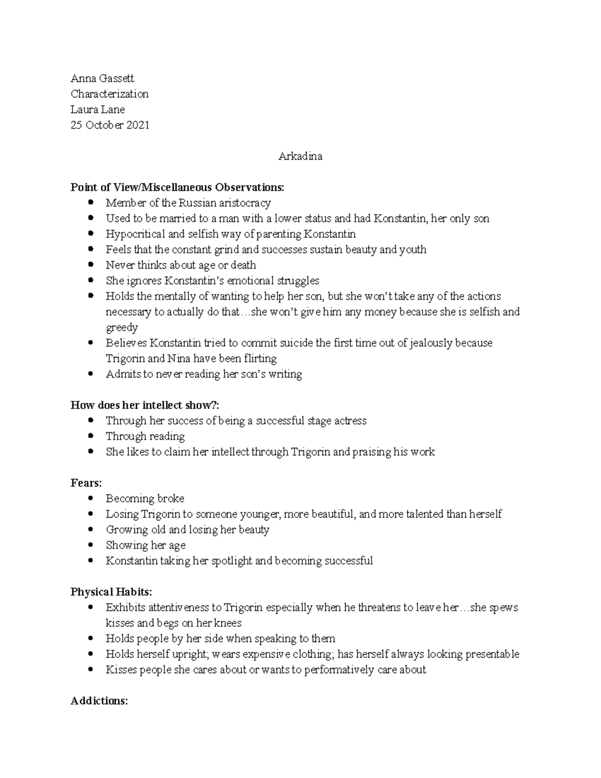 Arkadina Analysis - Anna Gassett Characterization Laura Lane 25 October ...