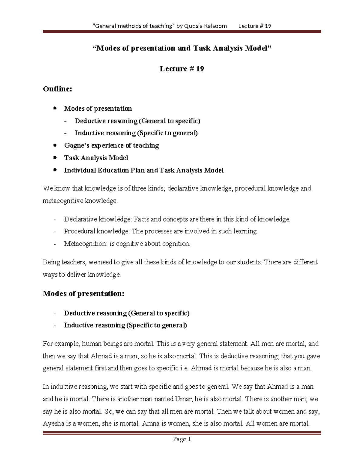Lecture 19 - HANDOUTS - “Modes of presentation and Task Analysis Model” Lecture # 19 Outline ...