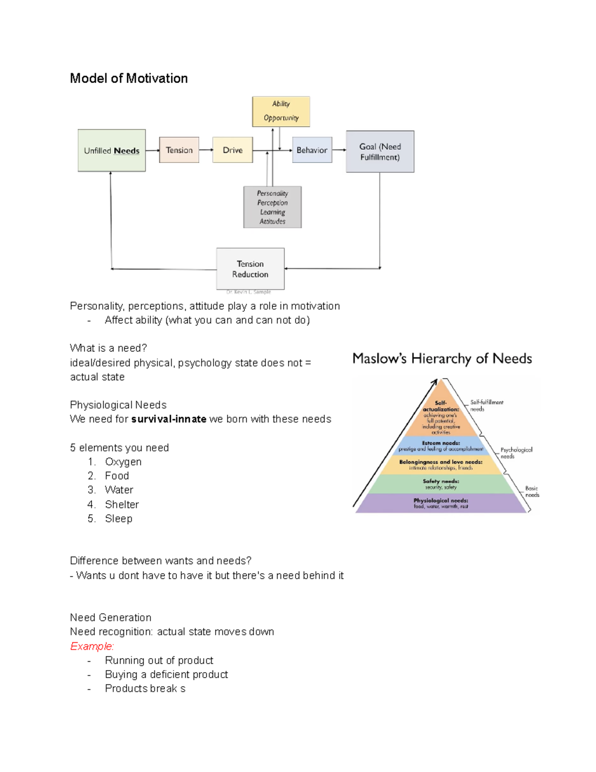 MKT 366- Lecture 2 Notes - Model of Motivation Personality, perceptions ...