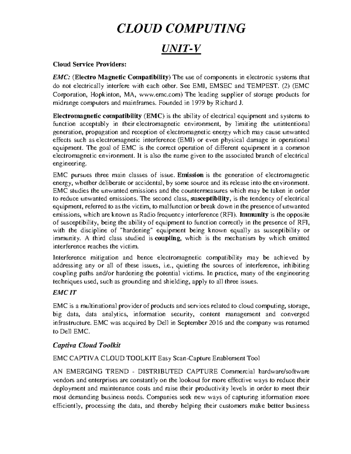 Cloud Computing Unit-V - CLOUD COMPUTING UNIT-V Cloud Service Providers: EMC: (Electro Magnetic ...