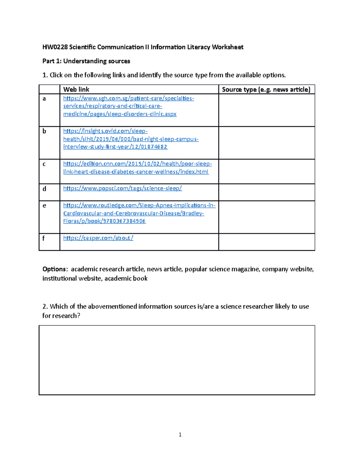 Information Literacy Worksheet - Web link Source type (e. news aricle ...