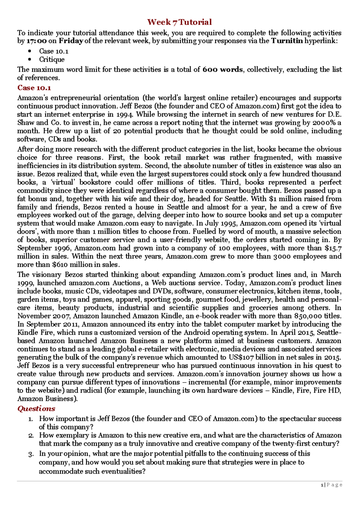 Week 7 - Case 10.1 & Critique(1) - Week 7 Tutorial To indicate your ...