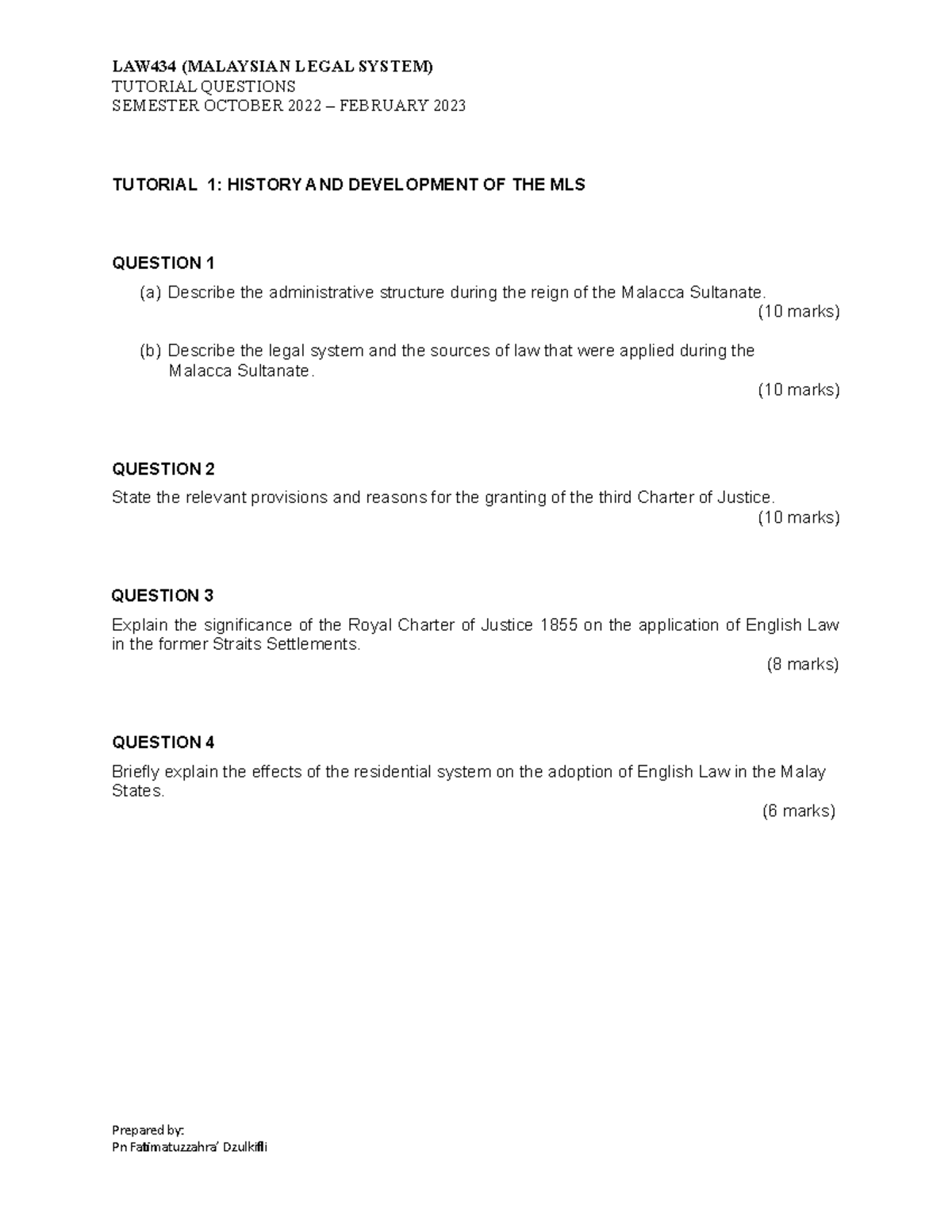 LAW434 Tutorial Questions - TUTORIAL QUESTIONS SEMESTER OCTOBER 2022 – FEBRUARY 2023 TUTORIAL 1 ...