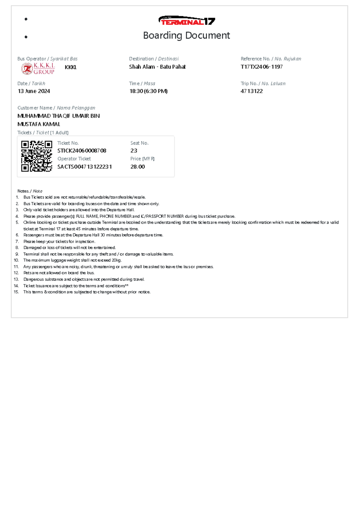 Boarding-T17TX2406-1197 - Boarding Document Tickets / Ticket ﴾1 Adult ...