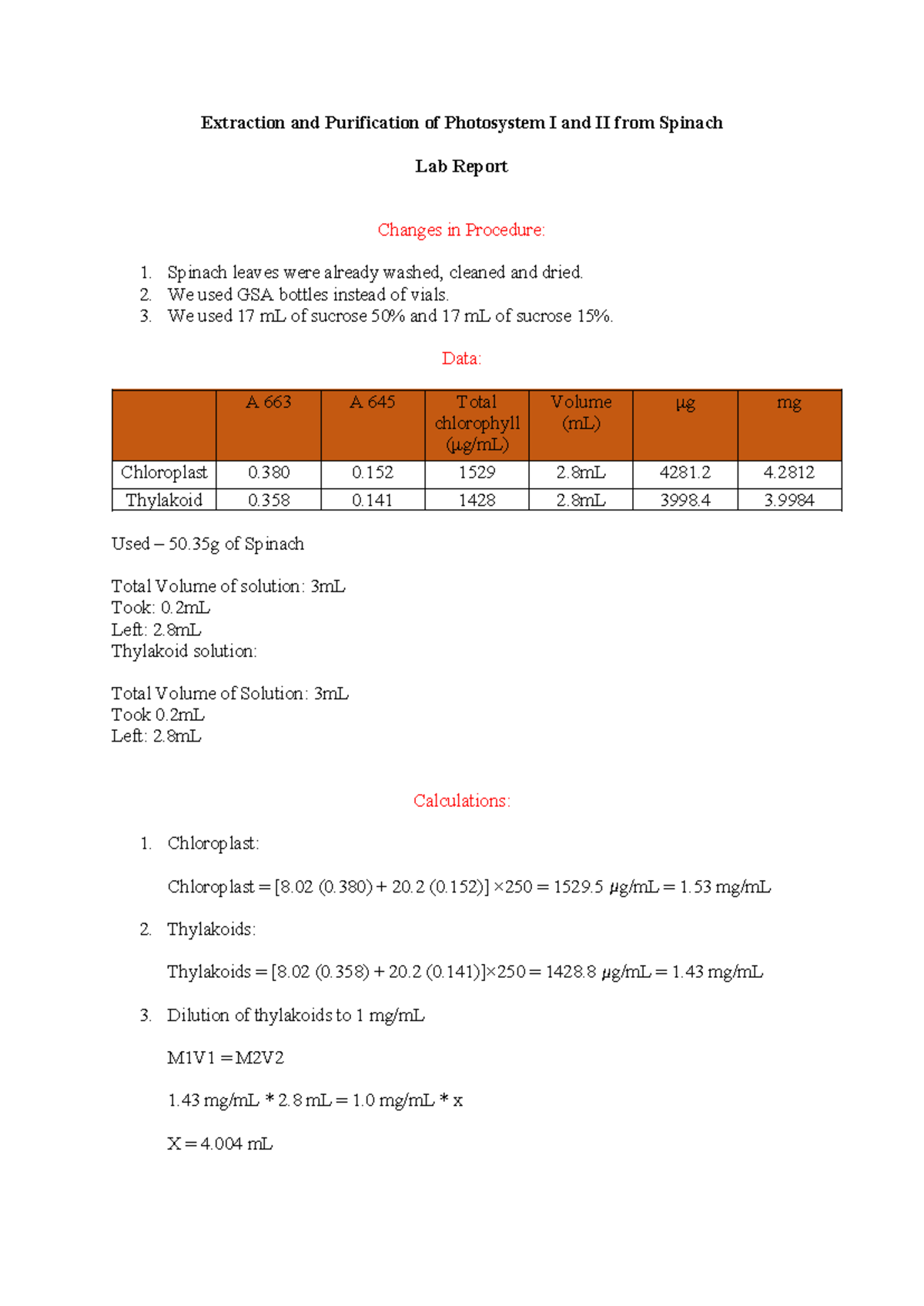 Lab 1.0 (Lab Report) - Extraction and Purification of Photosystem I and ...