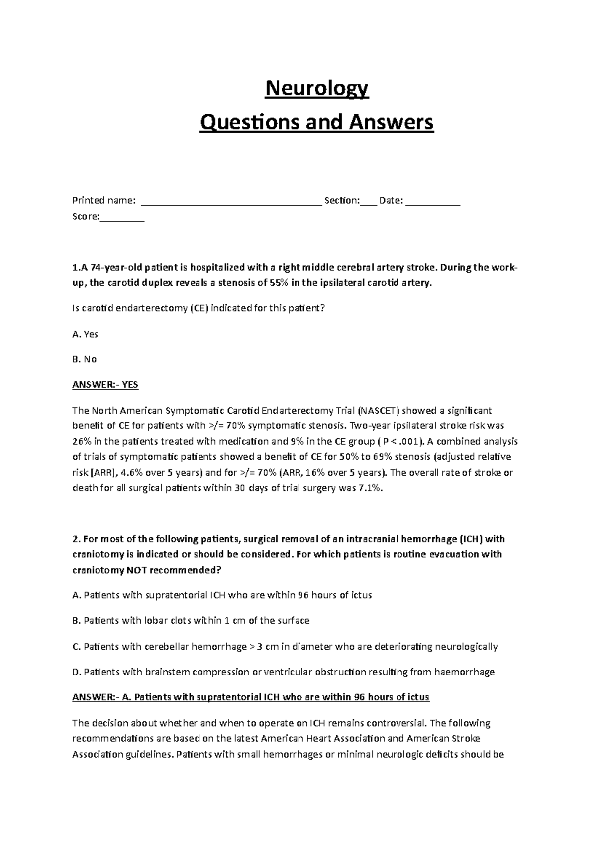 Exam 12 July 2016, questions and answers - Neurology Questions and ...