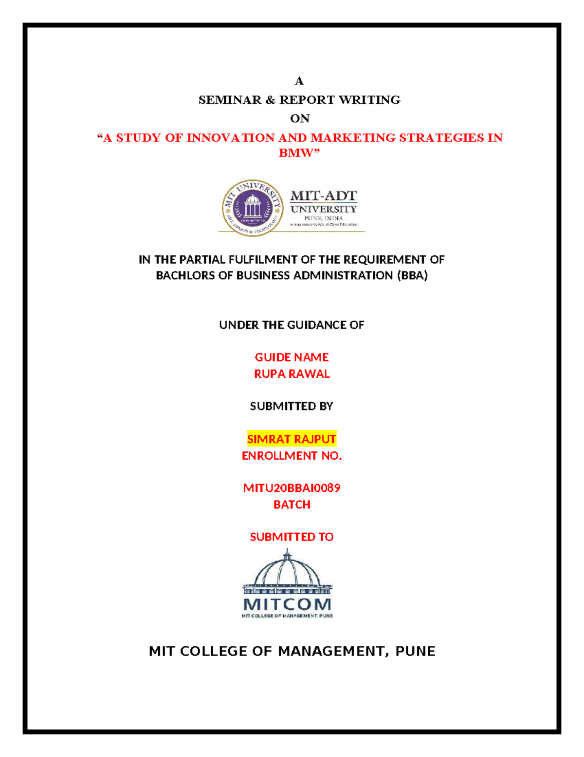 Backup of BMW Seminar Report Writing - ####### A ####### SEMINAR ...