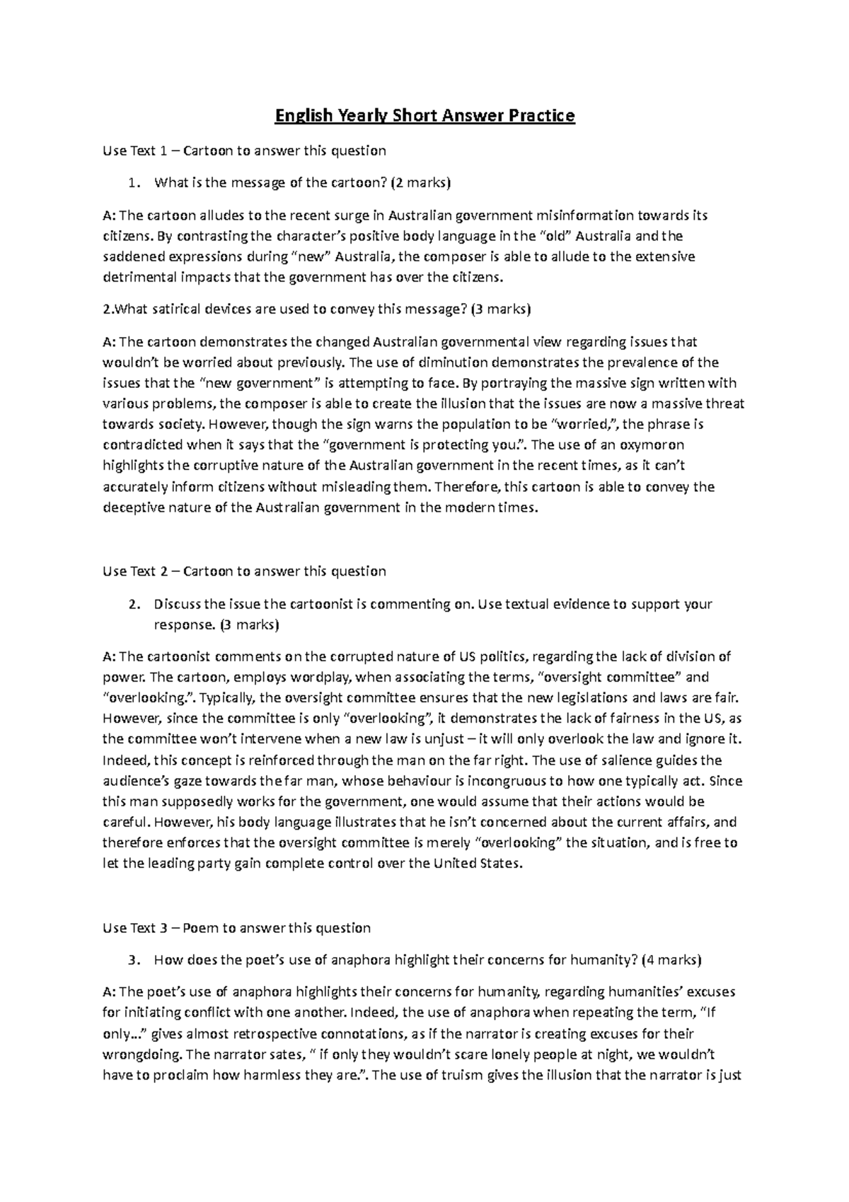 Practice Satire Questions - English Yearly Short Answer Practice Use ...