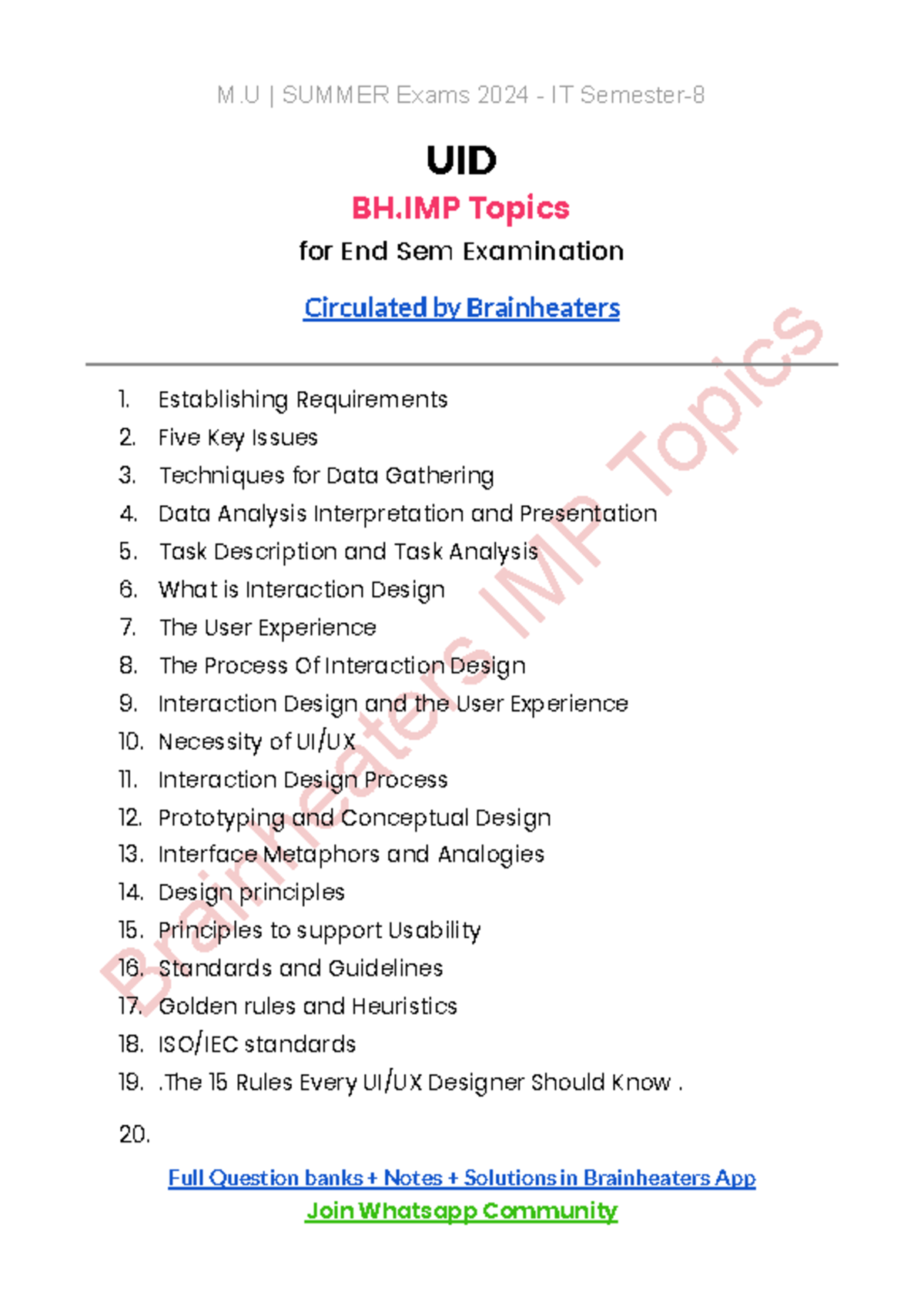 UID IT Sem8 IMP Topics - Brainheaters IMP Topics M | SUMMER Exams 2024 ...