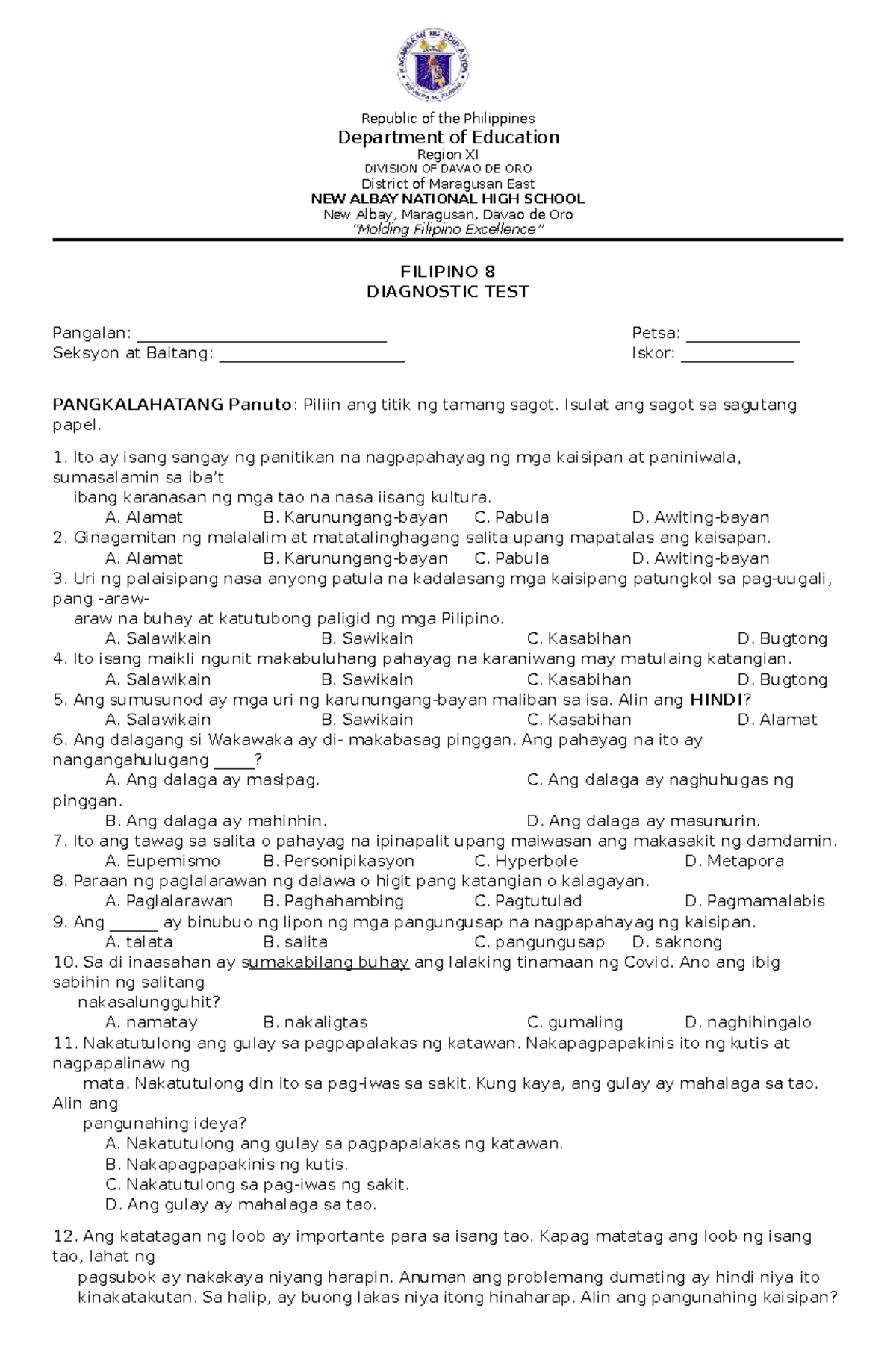 Diagnostic TEST - Republic of the Philippines Department of Education ...