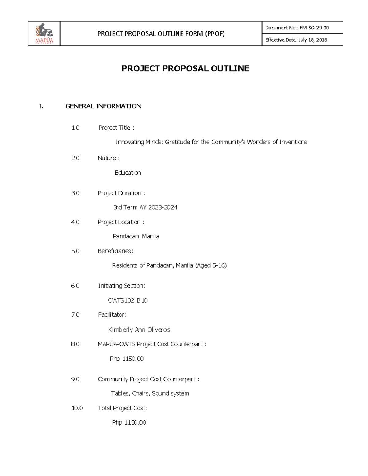 Magbanua J-CWTS102-B10-PP1 - PROJECT PROPOSAL OUTLINE FORM (PPOF) Effective Date: July 18, 201 8 ...