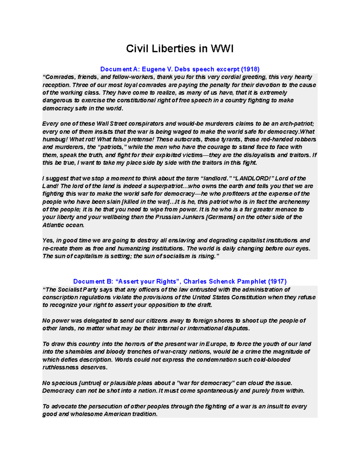 Copy of Civil liberties in WWI - Civil Liberties in WWI Document A ...