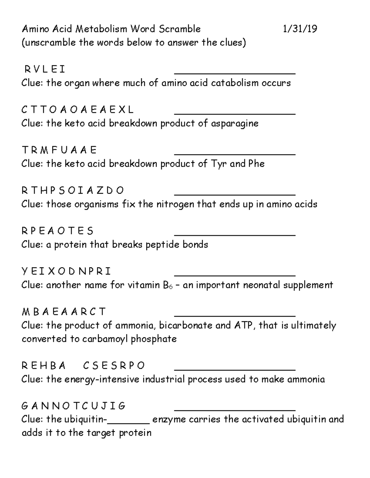 Amino Acid Metabolism Word Scramble - Studocu