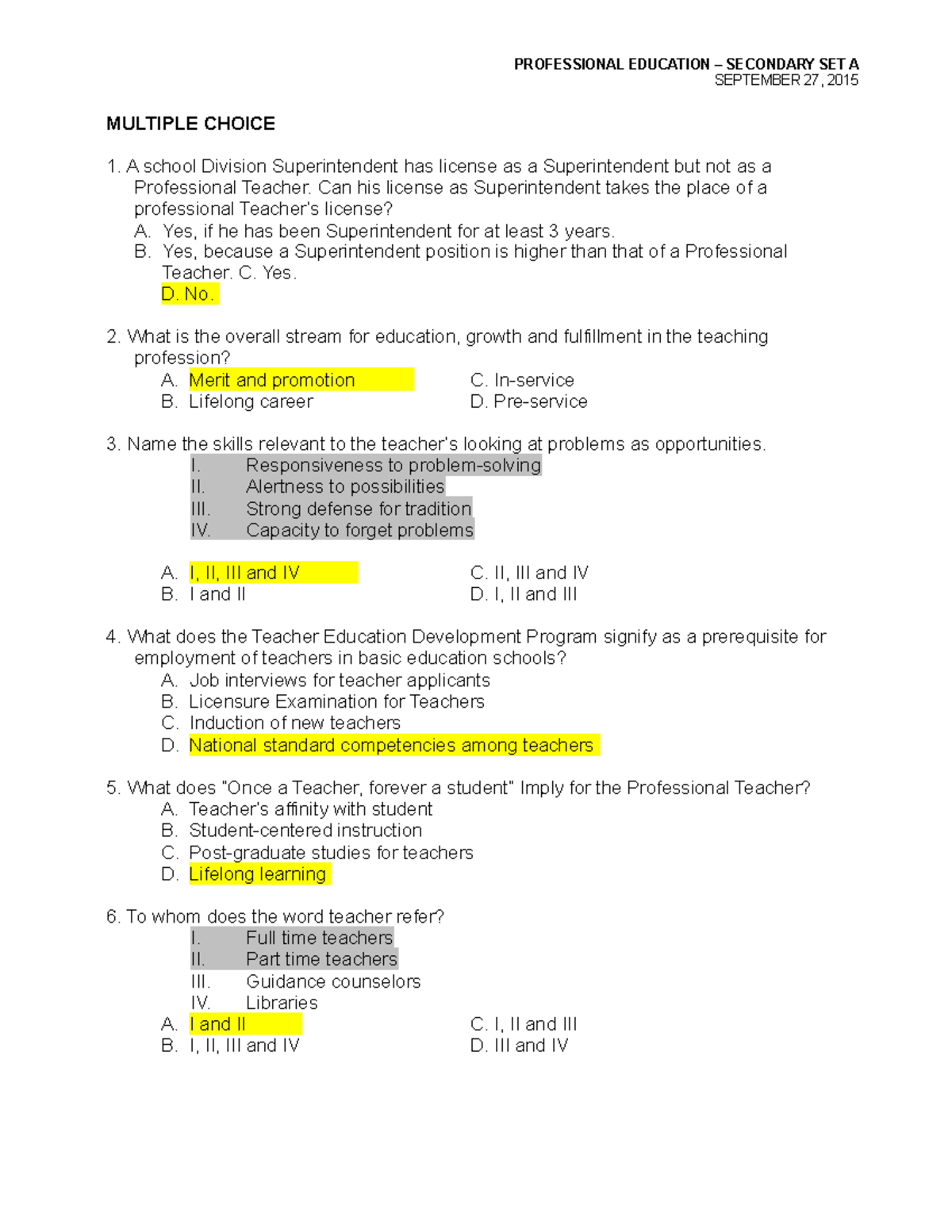 Multiple Choice Teacher Reviewer - SEPTEMBER 27, 2015 MULTIPLE CHOICE A school Division - Studocu