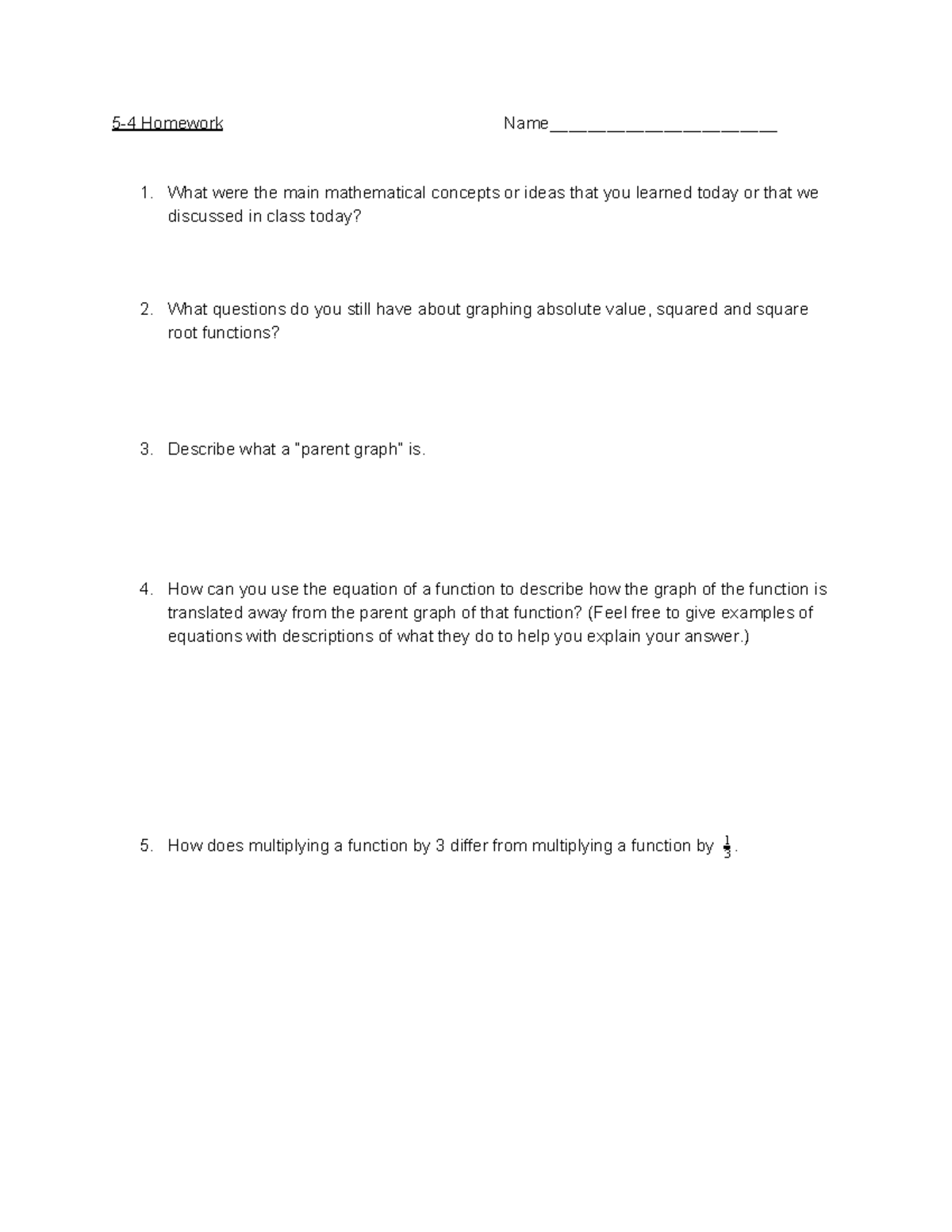 5-4 Homework - math help - 5-4 Homework Name________________________ 1 ...